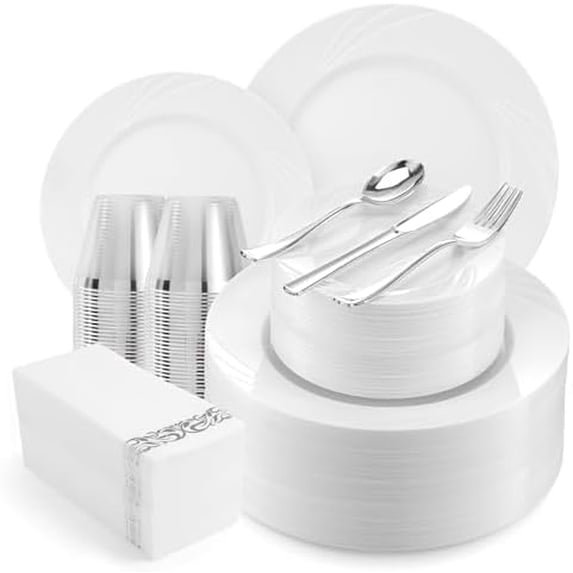 700-Piece White Swirls Plastic Dinnerware Set for 100 Guests, Elegant ...