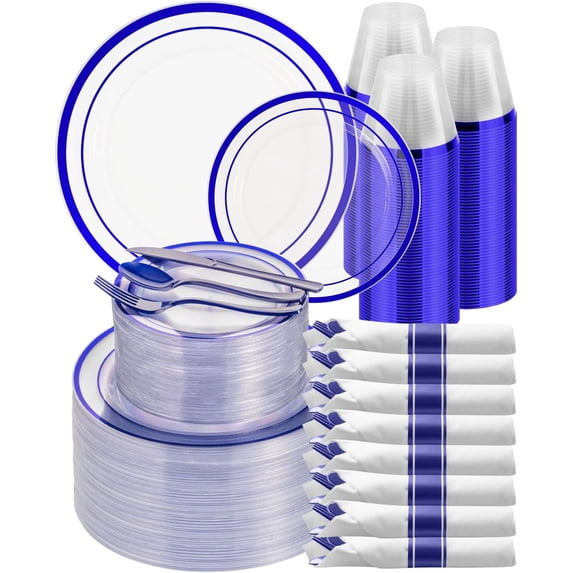 700 Pieces Blue Plastic Plates Disposable Tableware Set with Clear ...