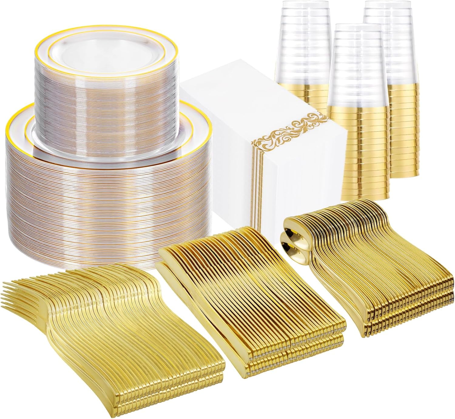 700 Pieces Gold Dinnerware Set - 100 Guests Clear Disposable Dinnerware ...