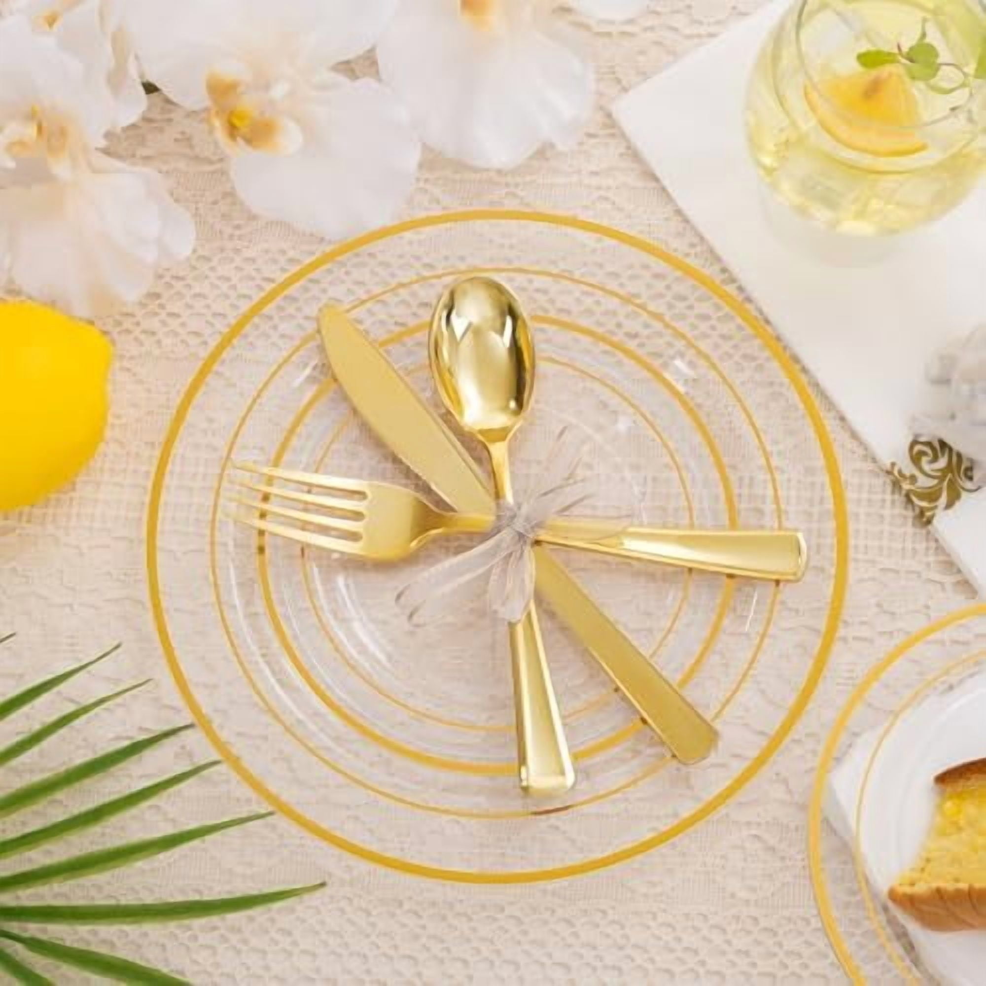 700 Pieces Gold Dinnerware Set - 100 Guests Clear Disposable Dinnerware ...