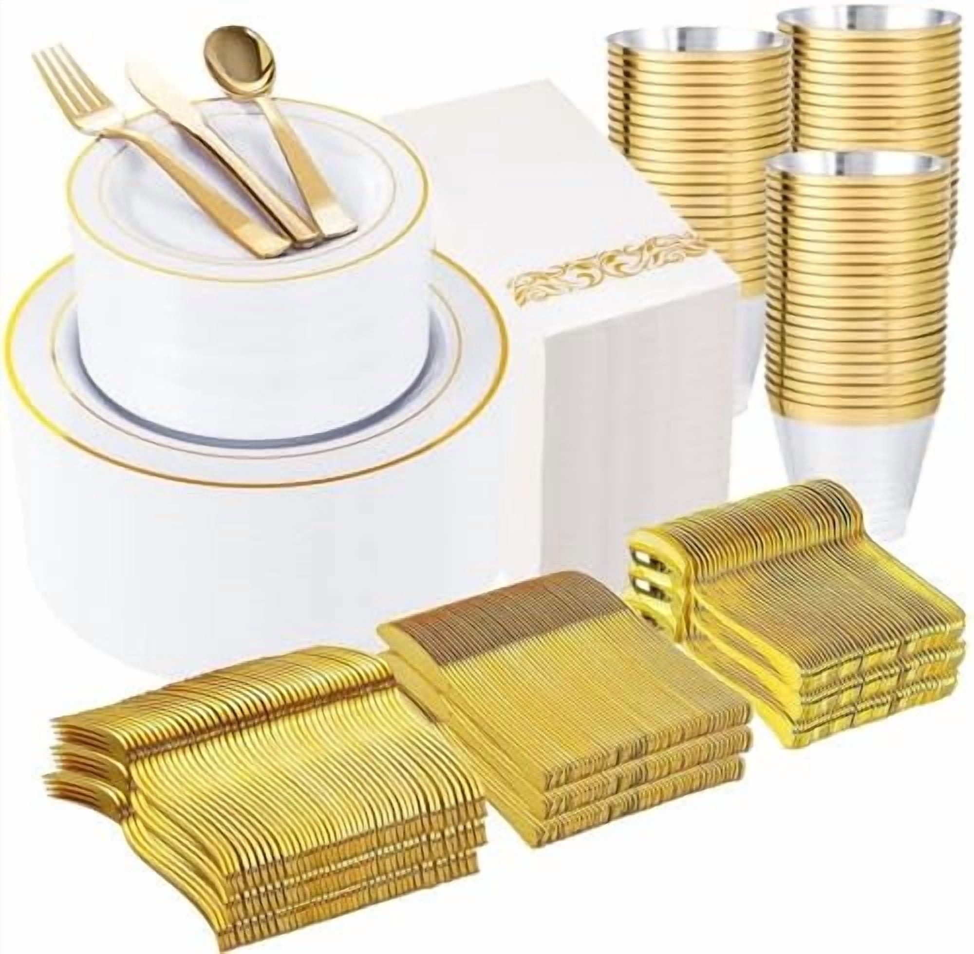 700 Pieces Gold Plastic Dinnerware Set for 100 Guests - Includes Plates ...