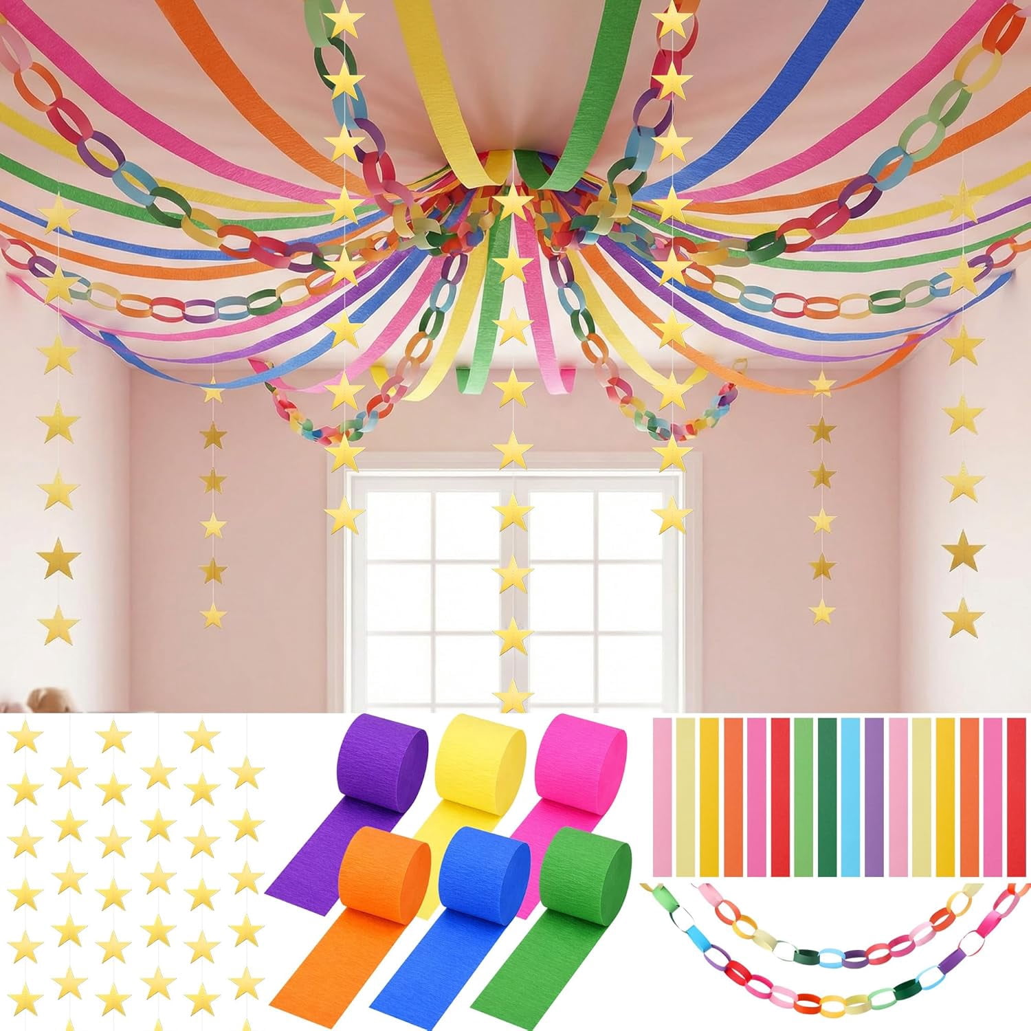 700 Sheet Paper Chain Strips and Star Garland Set, Rainbow Paper Chains ...