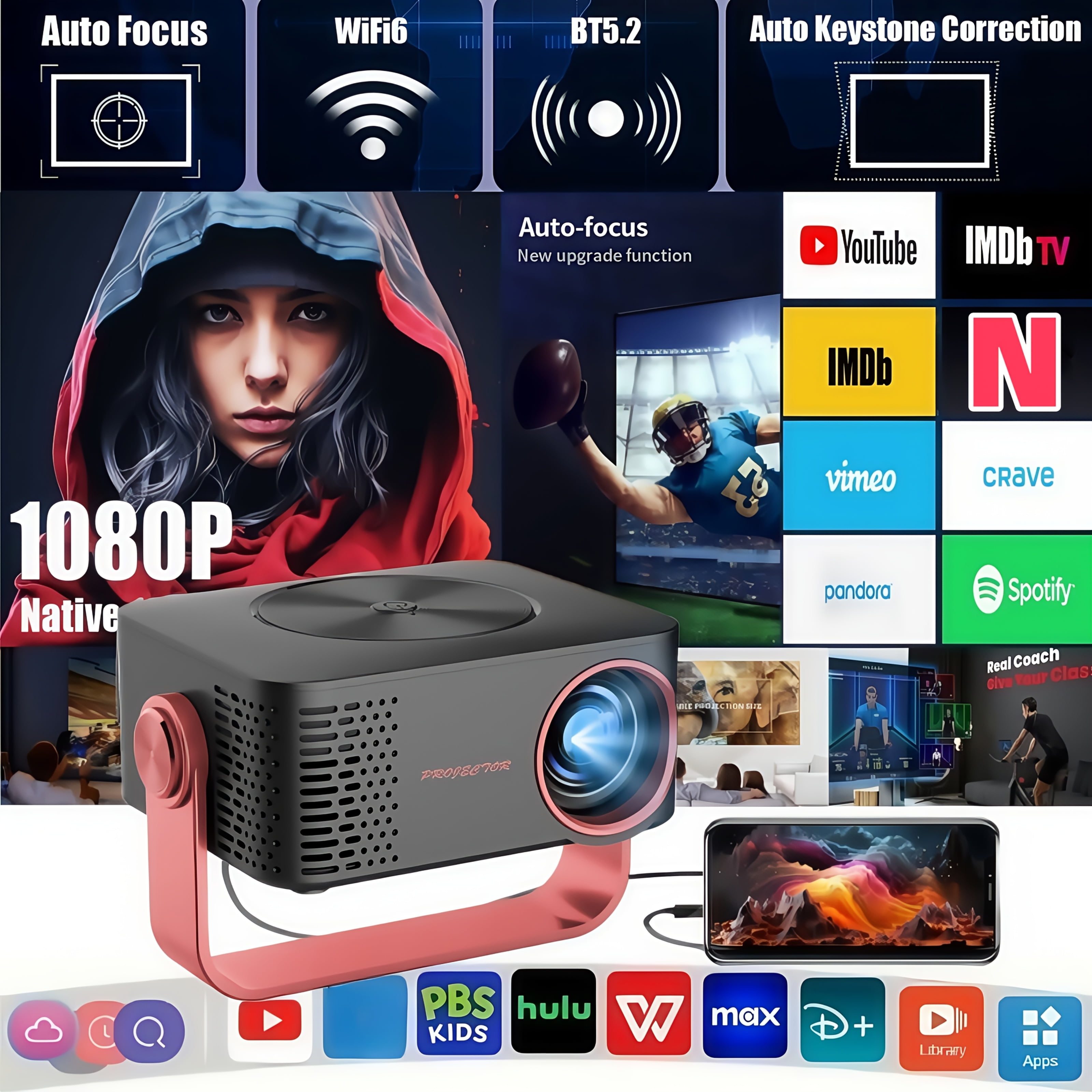 7000 Lumens Portable Mini Projector, Support 4K Projector, 1080P Dual ...