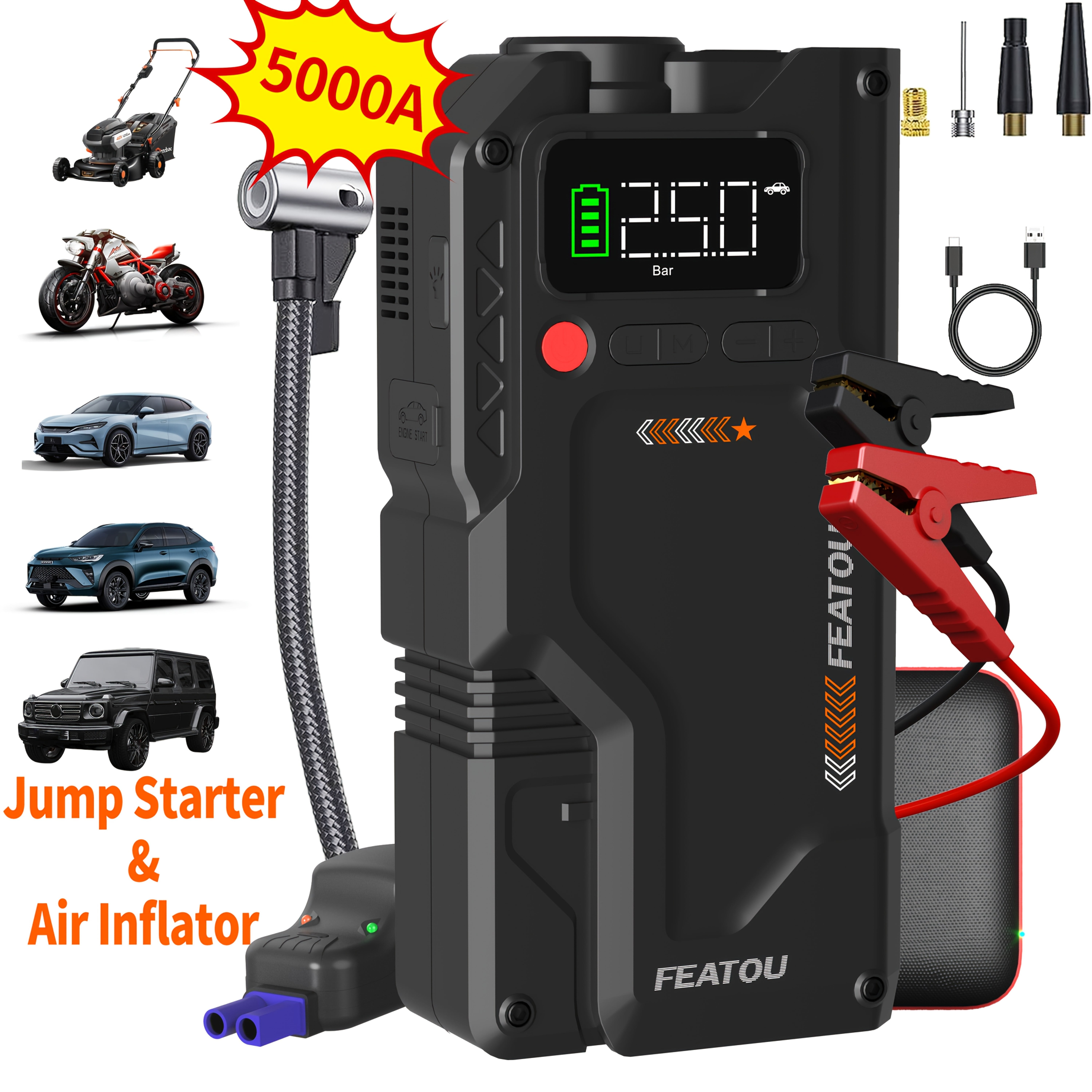 7000A/5000A Portable Car Jump Starter with 150PSI Air Compressor ...