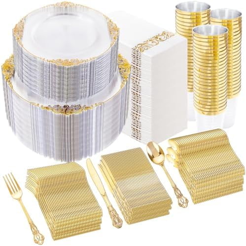700PCS Clear Gold Plastic Plates - Elegant Gold Plastic Dinnerware Set ...