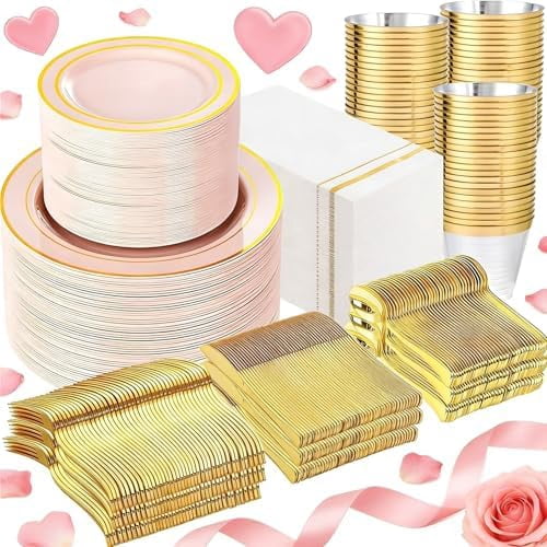 700PCS Pink Plastic Plates - Gold Rim Disposable Plastic Dinnerware Set ...