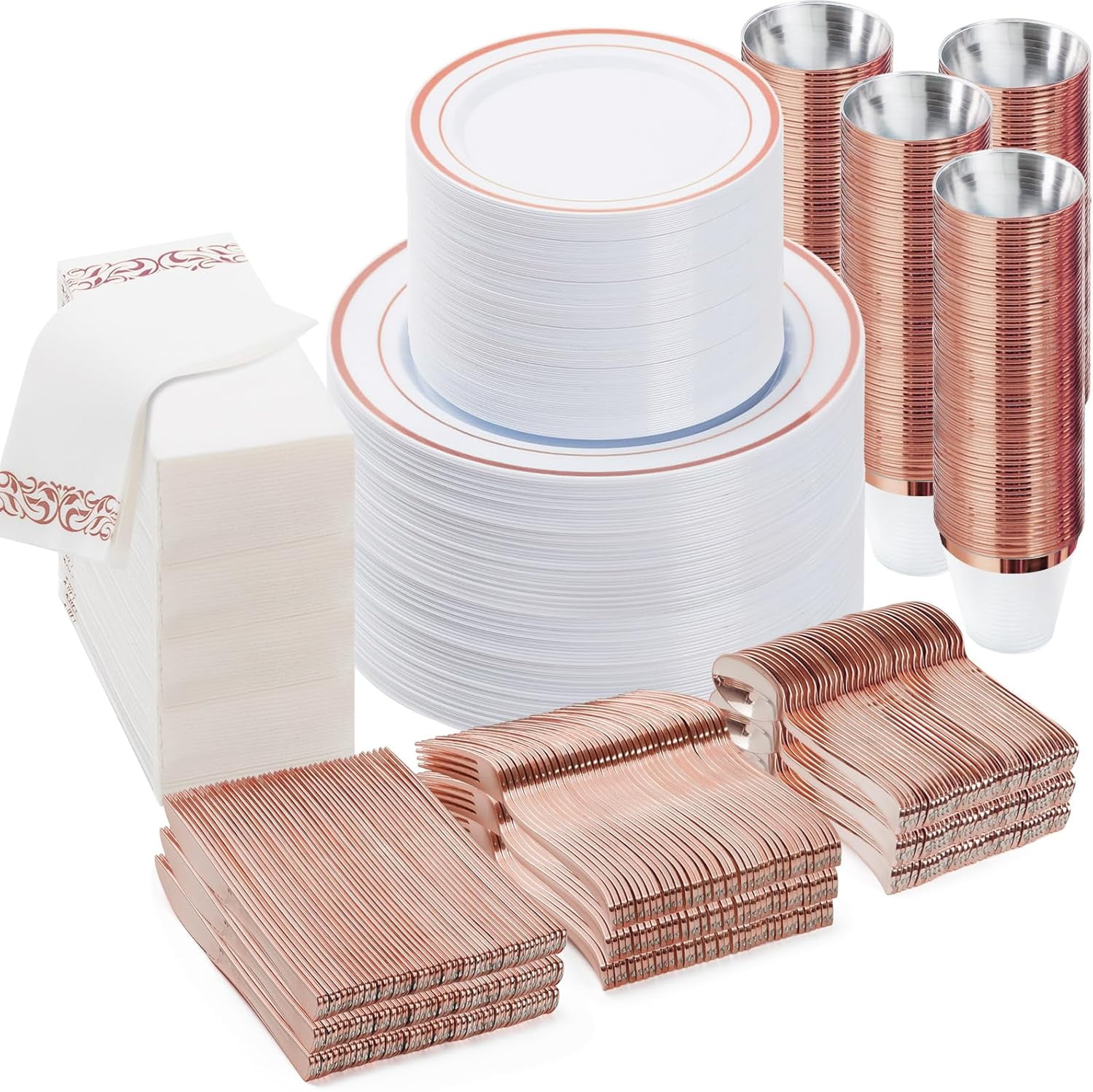 700PCS Rose Gold Disposable Dinnerware Set for 100 Guests, Plastic ...