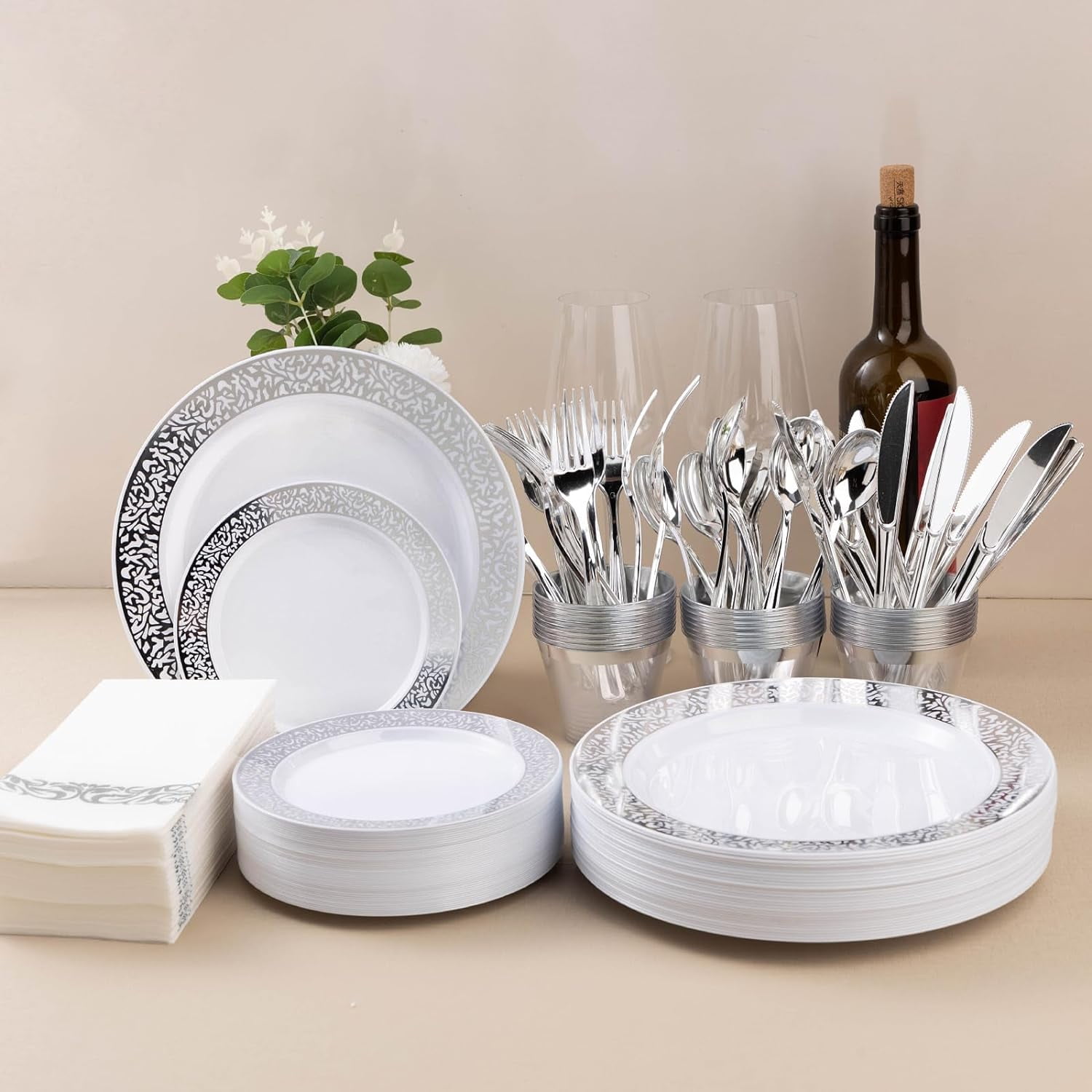 700PCS Silver Plastic Dinnerware Set for 100 Guests, Disposable Lace ...