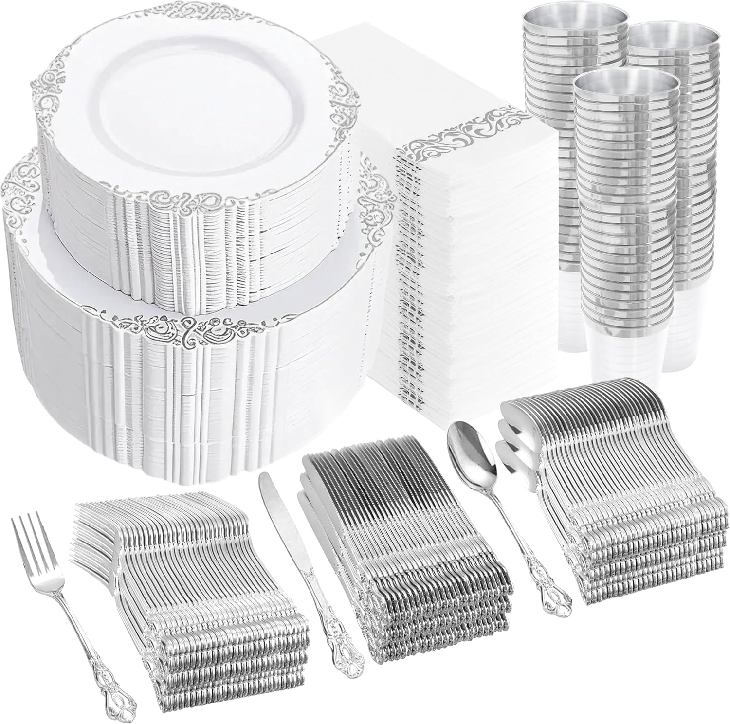 700PCS Silver Plastic Plates - White and Silver Disposable Plates ...