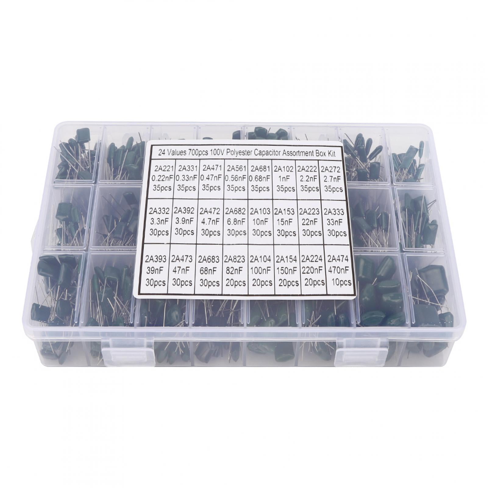 Neyseki 700Pcs 24 Types Green Polyester Film Capacitors Kit 0.22NF ...