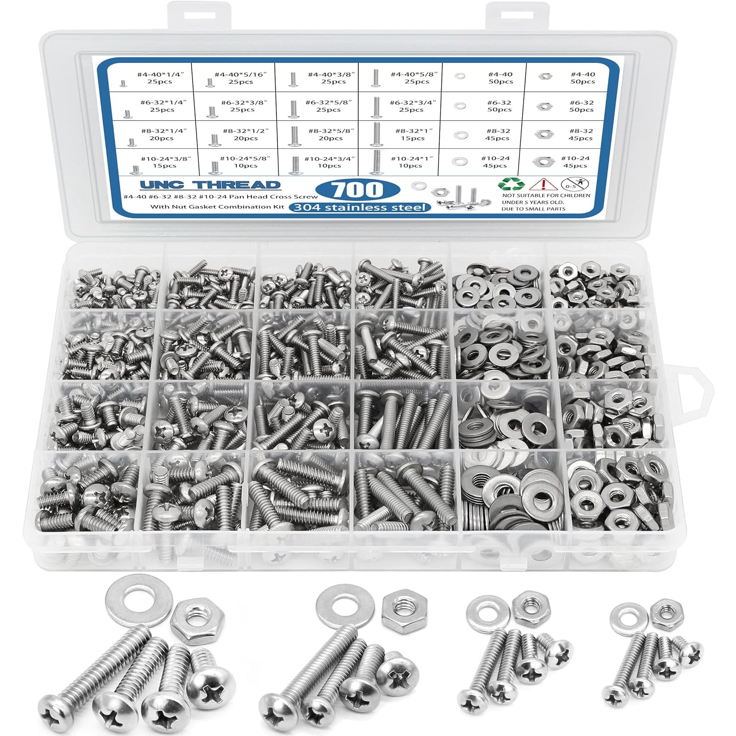 700Pcs Nuts and Bolts Assortment Kit, 4-40#6-32#8-32#10-24 Phillips Pan ...