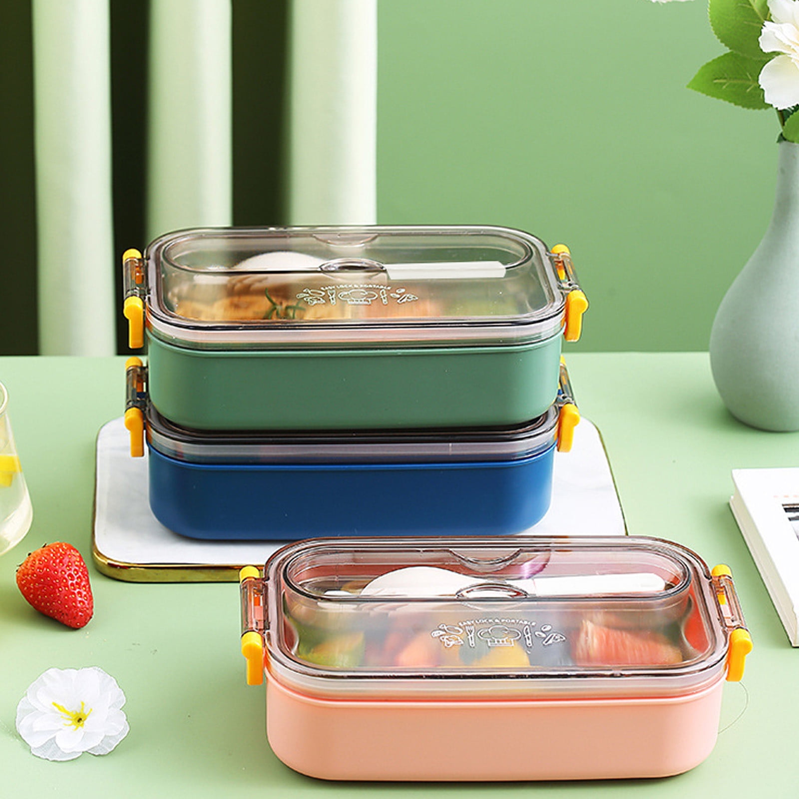 700ml Plastic & 480ml Stainless Steel Leakproof Bento Lunch Box with Multi-Compartment for ...