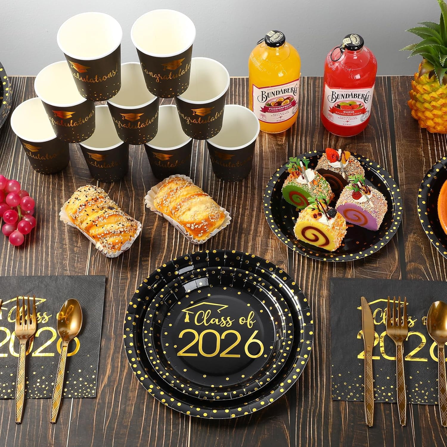 700pcs Class of 2026 Graduation Plates and Napkins Set Black Gold Polka ...