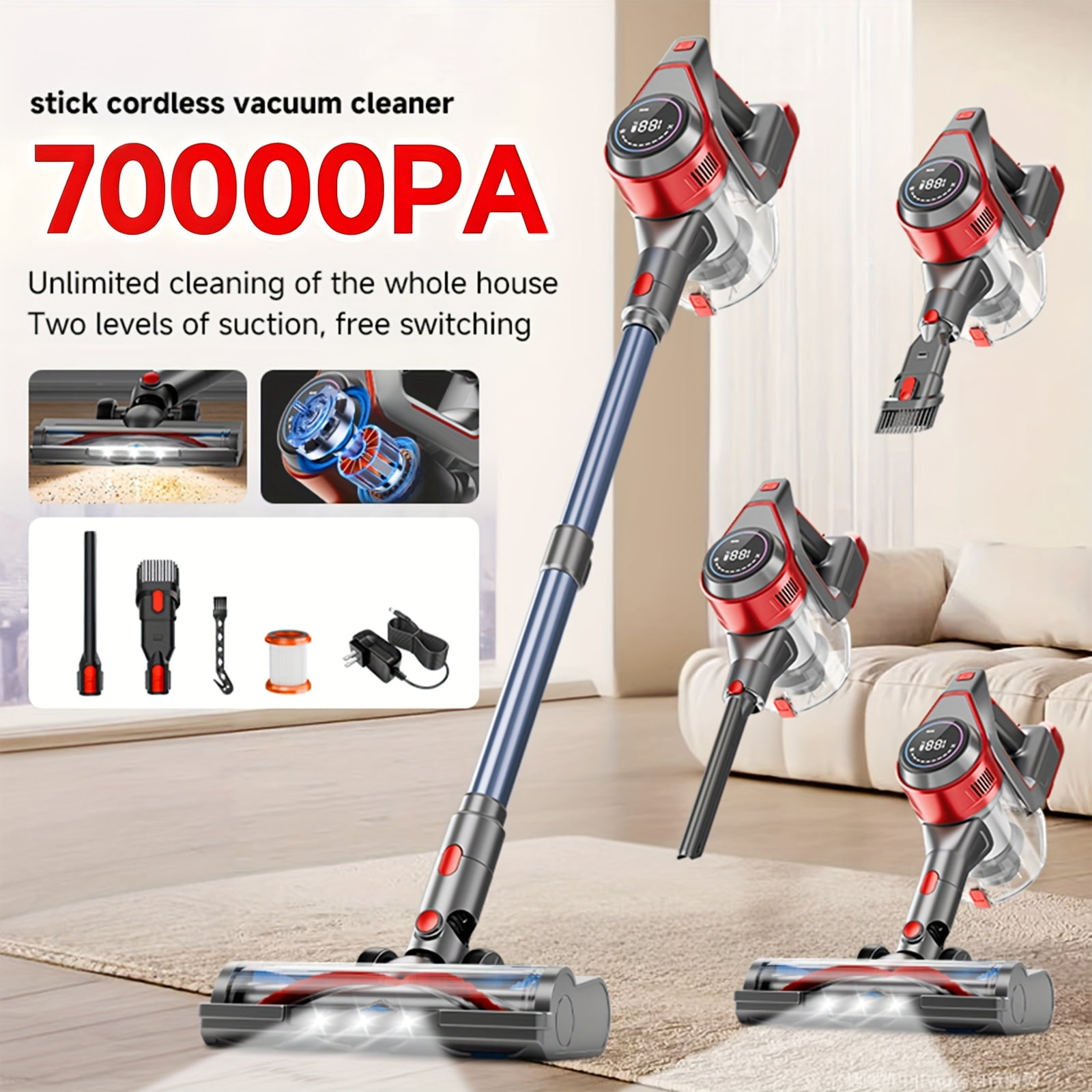 70Kpa Cordless Stick Vacuum Cleaner, 45Min Runtime Anti-Tangle, 50.72oz ...