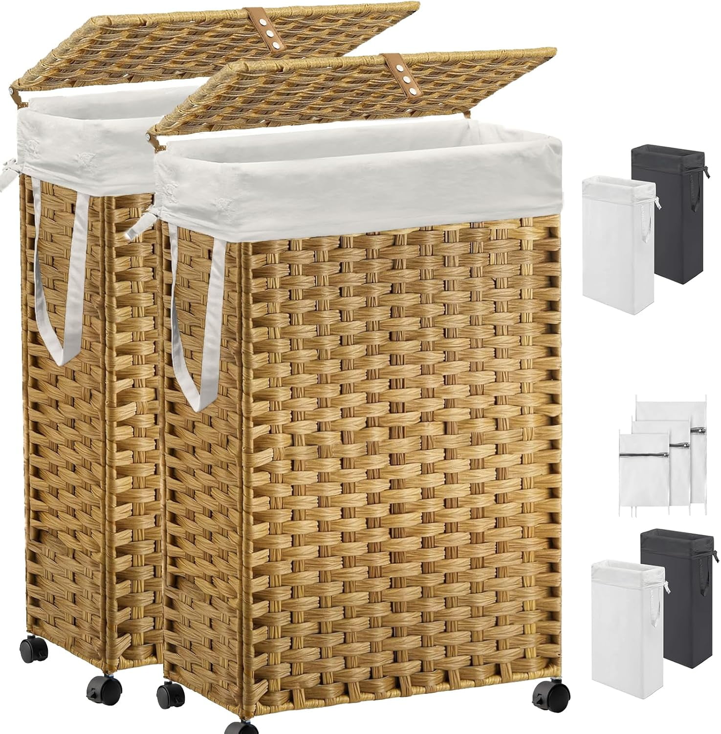 70L Slim Laundry Hamper with Lid & Wheels, 2-Park Rolling Laundry ...