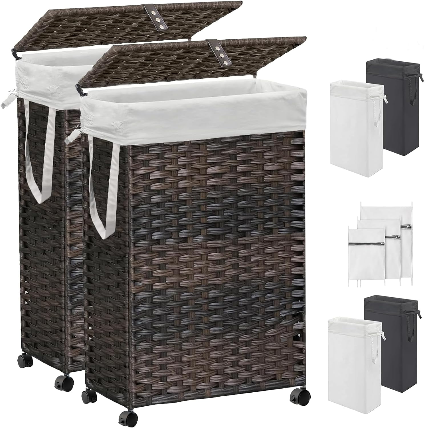 70L Slim Laundry Hamper with Lid & Wheels, 2-Park Rolling Laundry ...