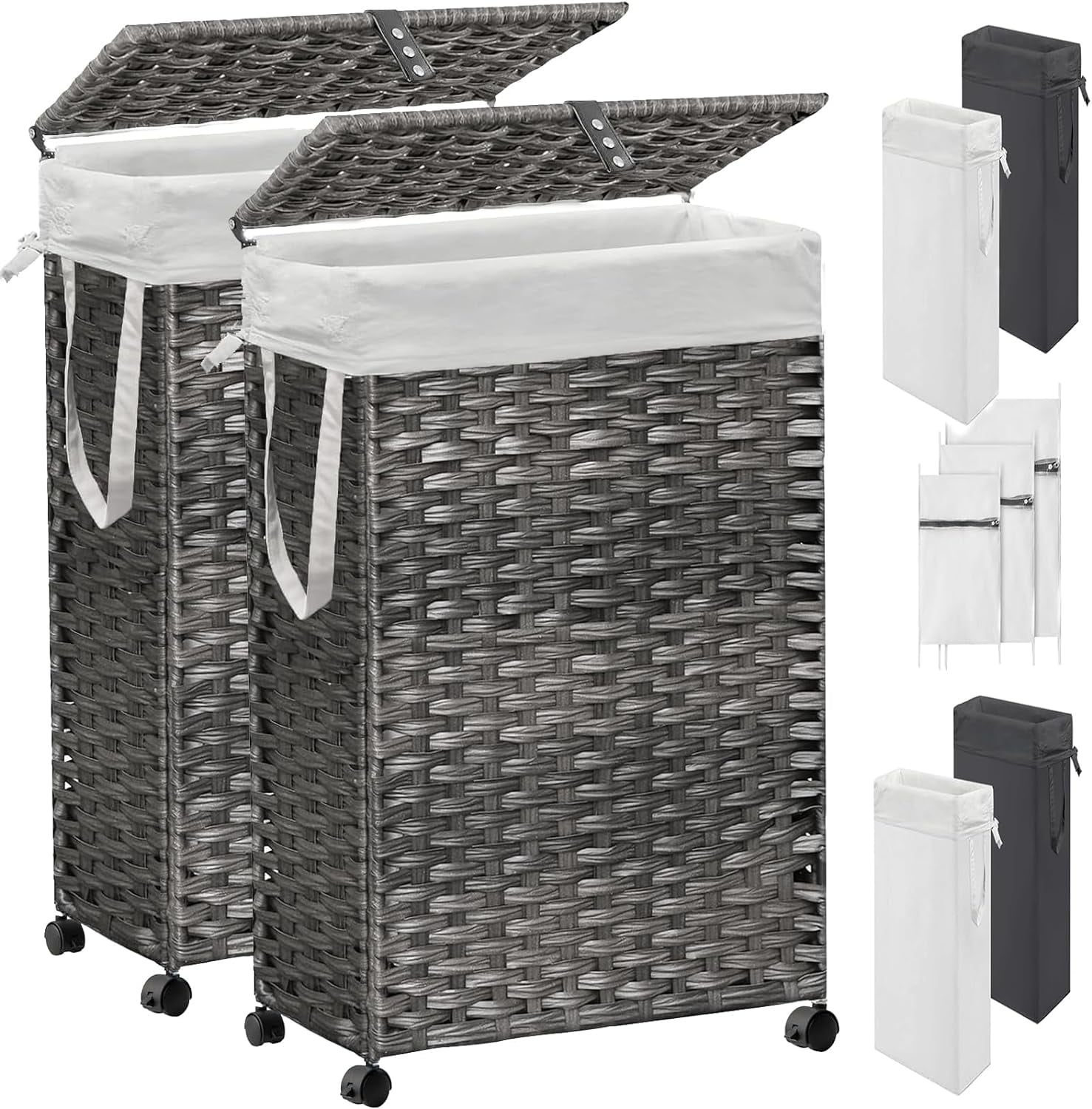 70L Slim Laundry Hamper with Lid & Wheels, 2-Park Rolling Laundry ...