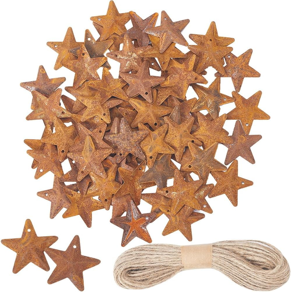 70PCS 2.5" Vintage Rusty Mini Metal Barn Star Contain A Jute Rope ...