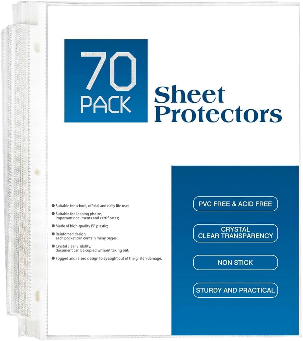70Pack Sheet Protectors, Clear Heavy Duty Plastic Page Protectors for 3 ...
