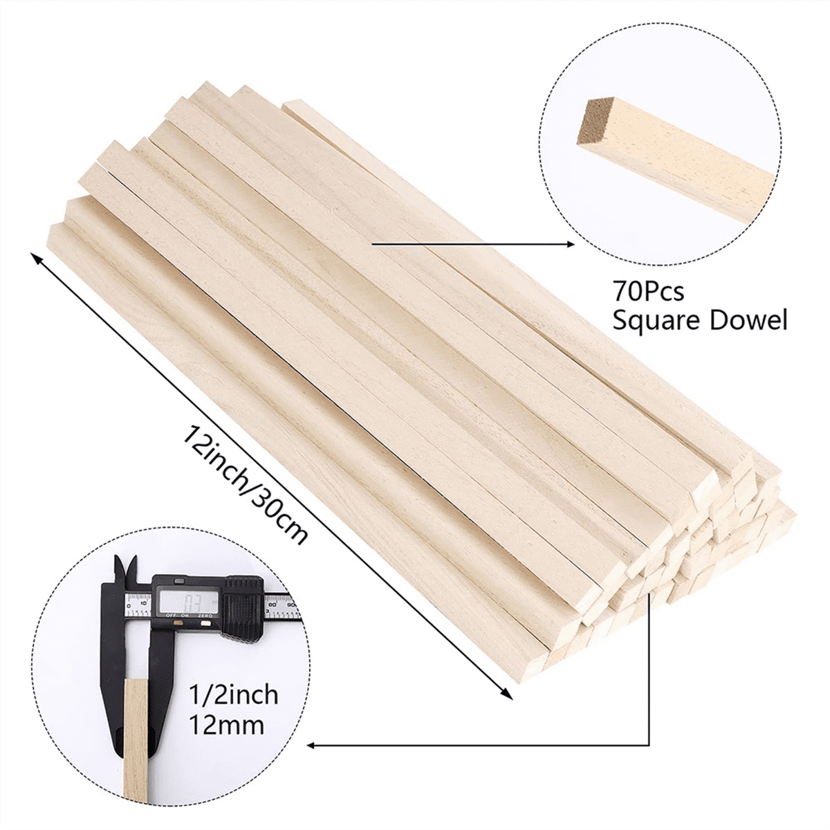 70Pcs 1/2 Inch X 12 Inch Balsa Wood Sticks, Square Wood Dowel Rods ...