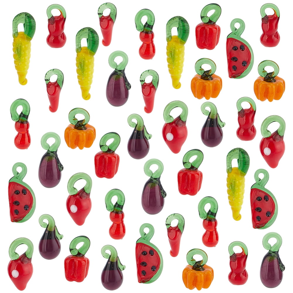 70Pcs 10 Styles Fruit Vegetable Theme Glass Pendants Mixed Shapes 18~29 ...