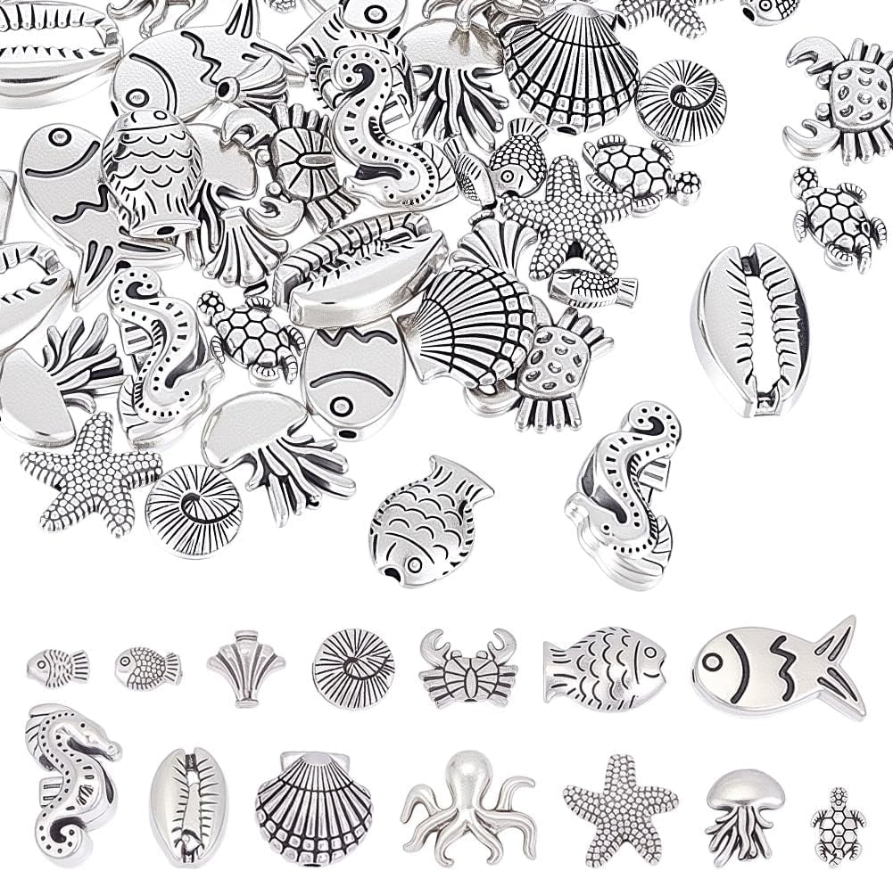 70Pcs 14 Styles Ocean Themed Beads Silver Fish Beads 5-19.5mm Metal ...
