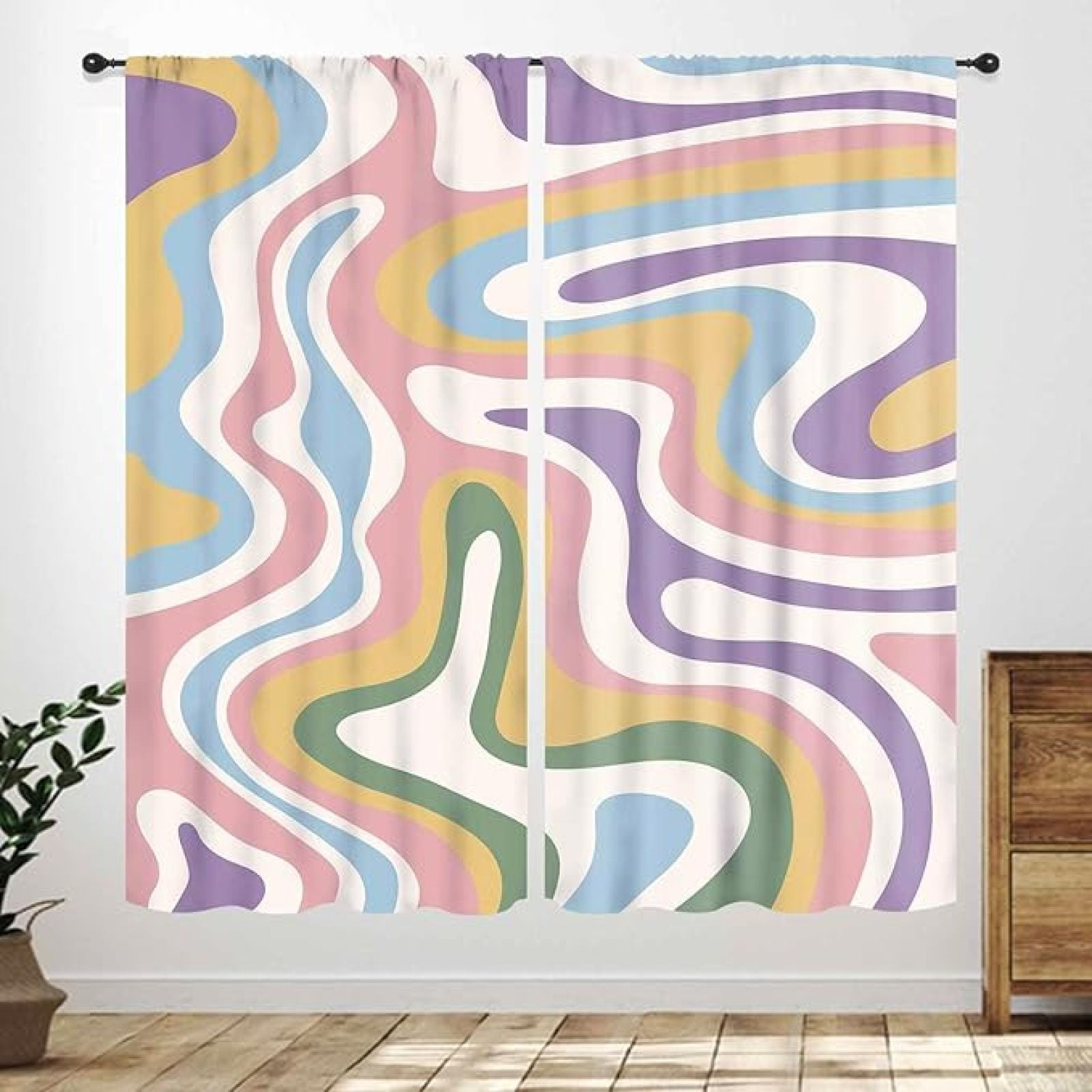 70S Abstract Wavy Curtains, Retro Boho Minimal Girls Bedroom Window ...