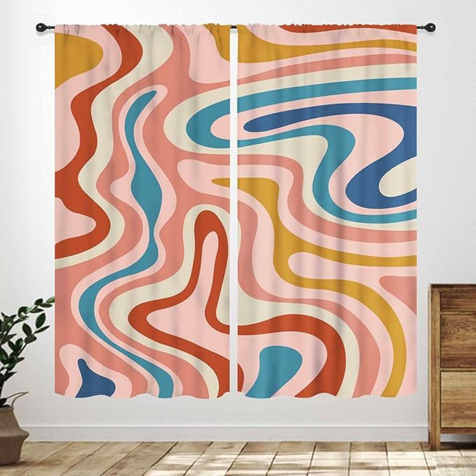 70S Abstract Wavy Curtains,Retro Boho Minimal Groovy Pink Blue Spiral Swirl Pastel Abstract Wavy ...