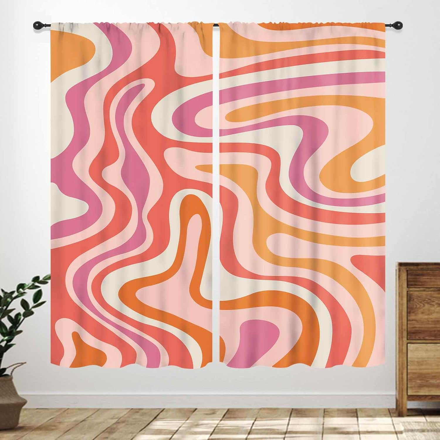 70S Abstract Wavy Curtains,Retro Boho Minimal Hippie Groovy Pink Spiral ...