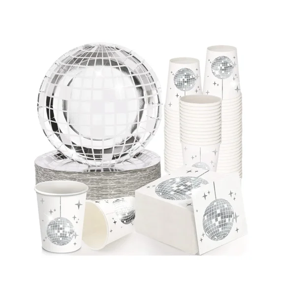 70S Disco Party Supplies Includes 50 Pcs Silver Disco Ball Paper Dinner ...