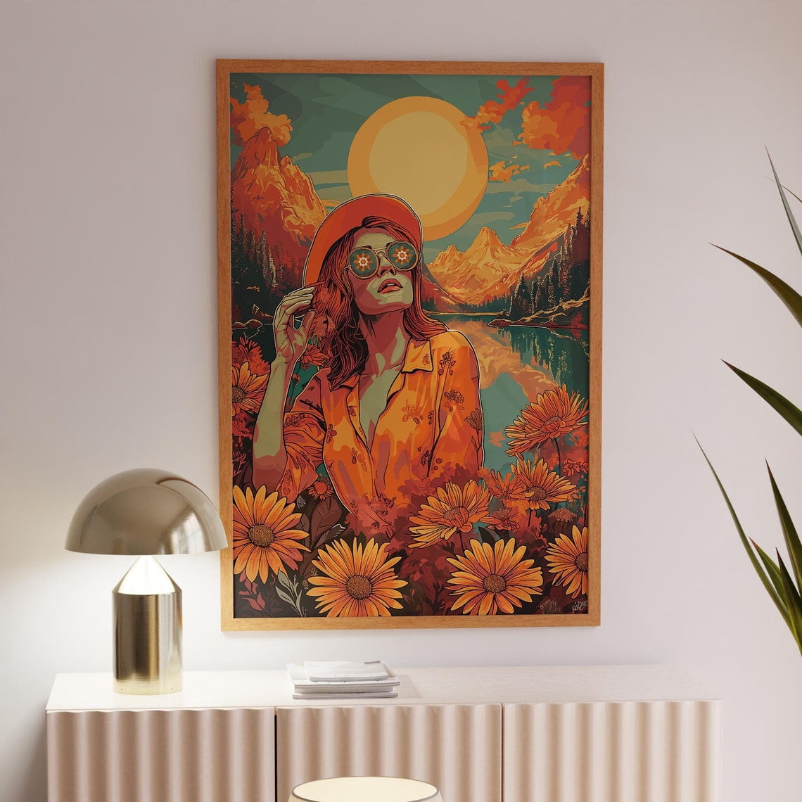 70S Floral Girl Abstract Landscape Painting, Hippie Wall Art, Retro ...
