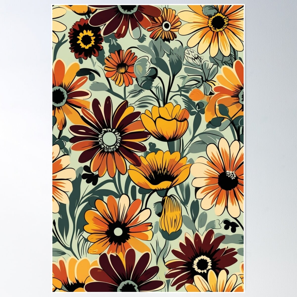 70S Floral Pattern – Bold Retro Daisies & Sunflowers Poster Wall Art ...