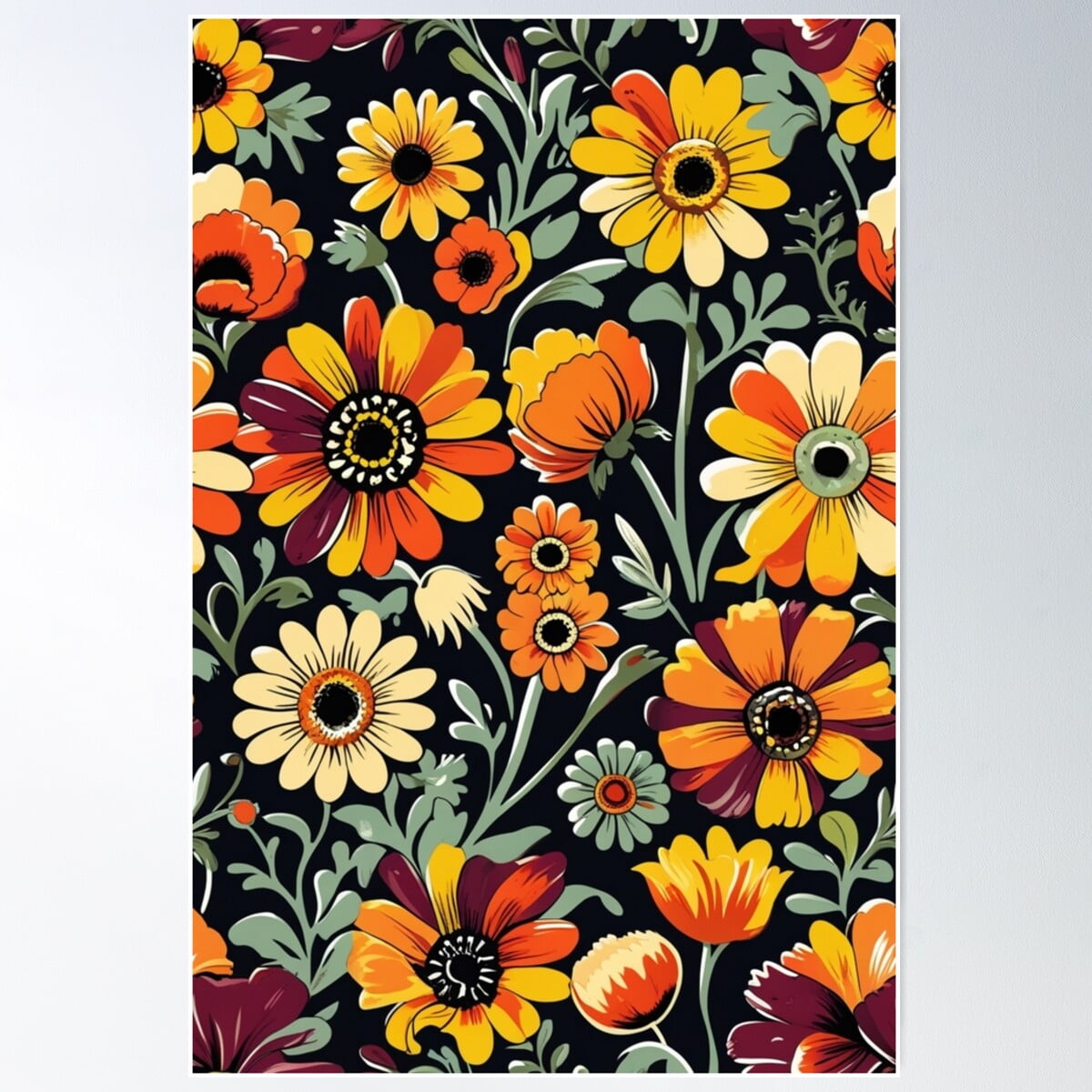 70S Floral Pattern – Bold Retro Daisies & Sunflowers Poster Wall Art ...