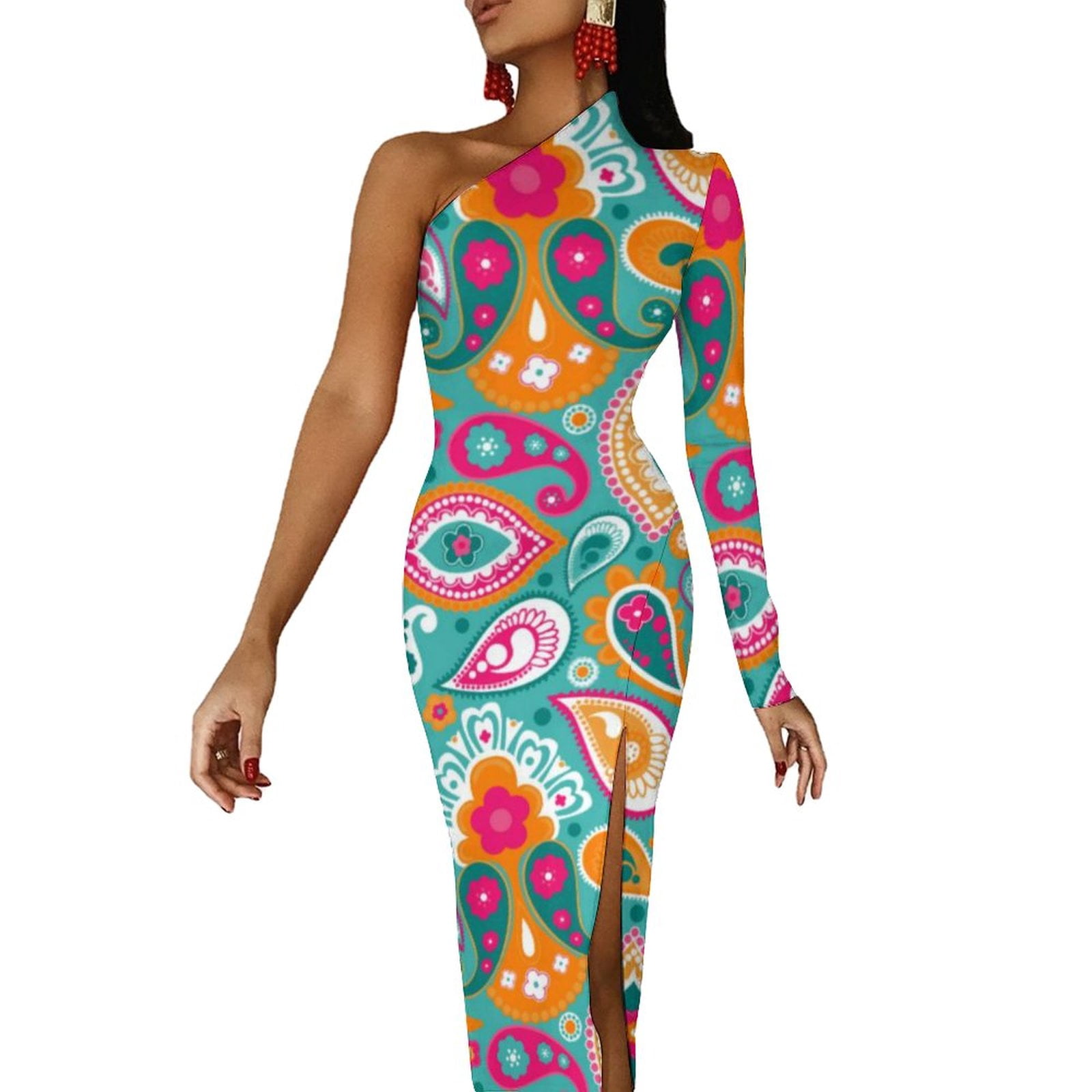 70S Flower Power Maxi Dress One Shoulder Retro Hippy Print Party ...