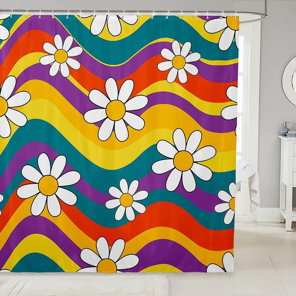 70S Groovy Flower Bathroom Curtain 72"Wx84"L,Boho Rainbow Floral Bath ...