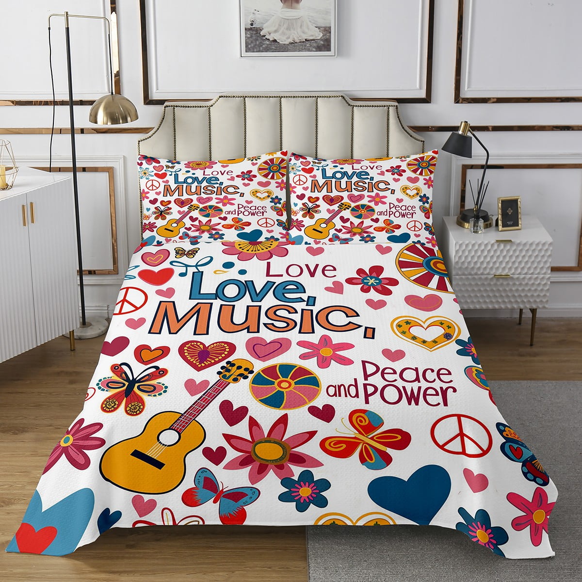 70S Groovy Flower Bedspread Sets Twin,Cute Love Heart Print Quilt Set ...
