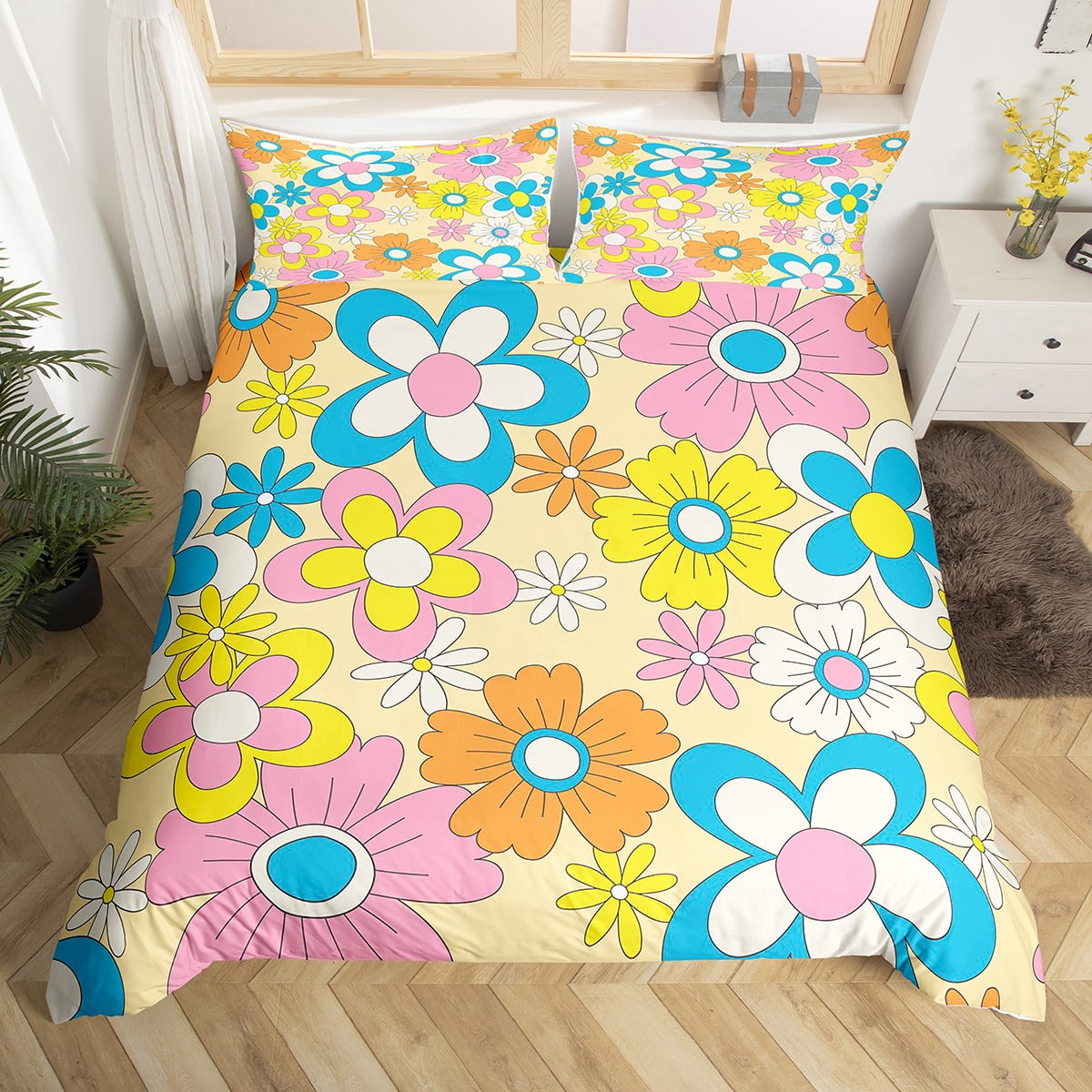 70S Groovy Flowers Bedding Set Twin Hippie Colorful Retro Floral Cute ...