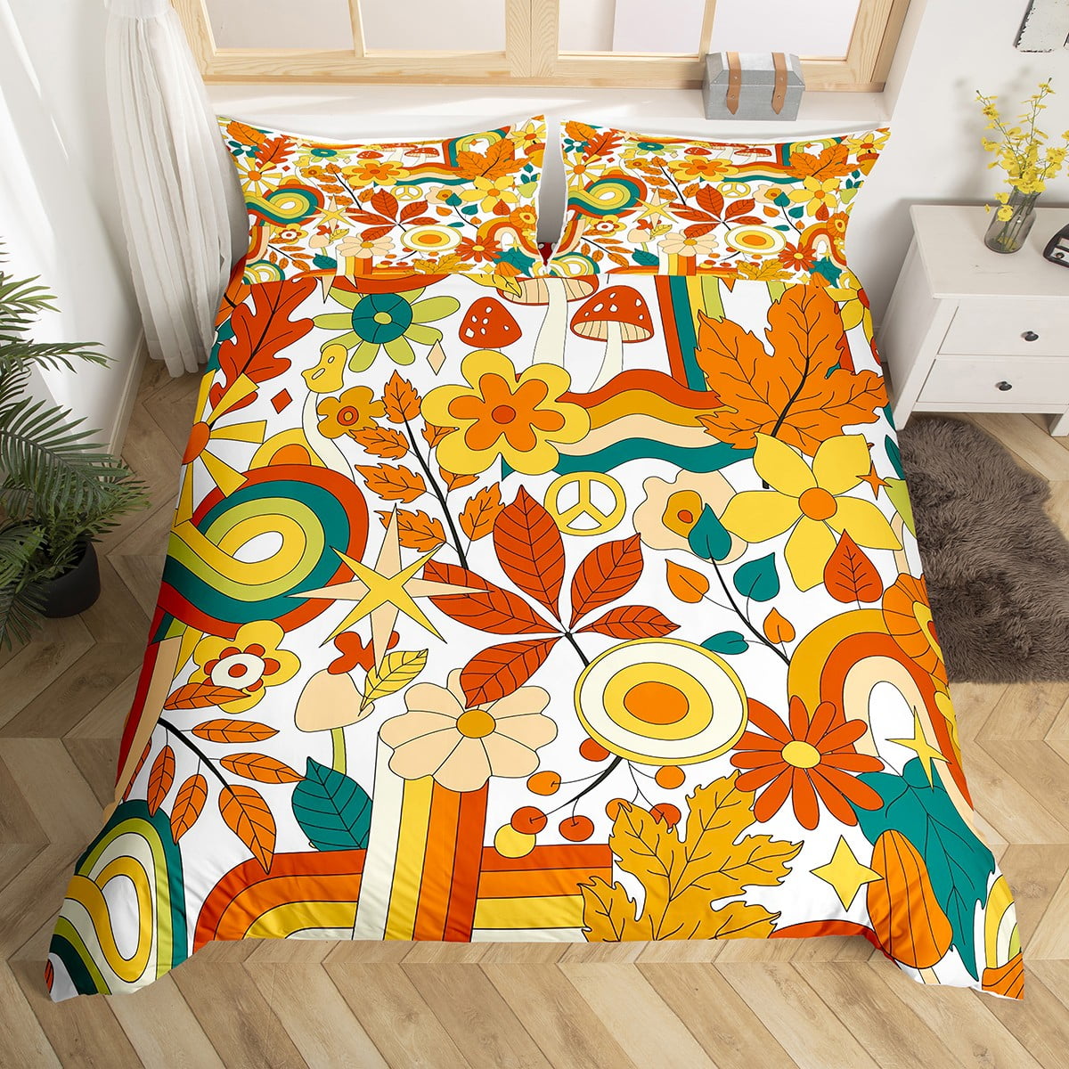 70S Groovy Hippie Flower Bedding Set Girls Boho Rainbow Leaves Mushroom ...