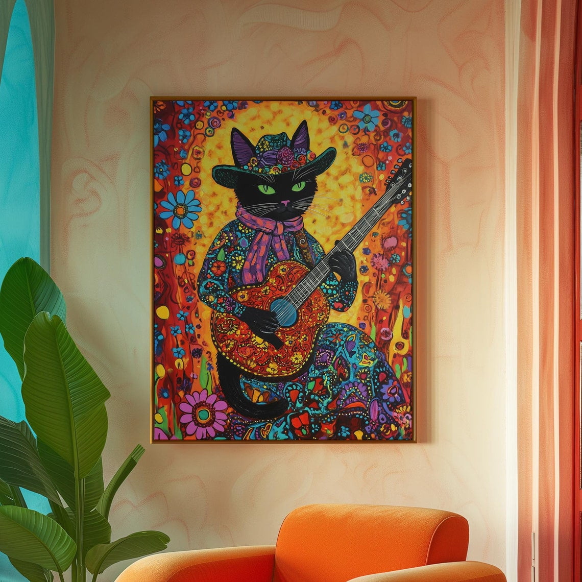 70S Hippie Cat Art Print, Retro Guitar Playing Black Cat, Colorful Floral Psychedelic Art, Funky ...