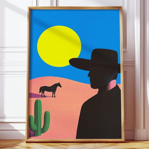 70S-Inspired Surreal Cowboy Art Desert Poster With Horse & Cactus Retro ...