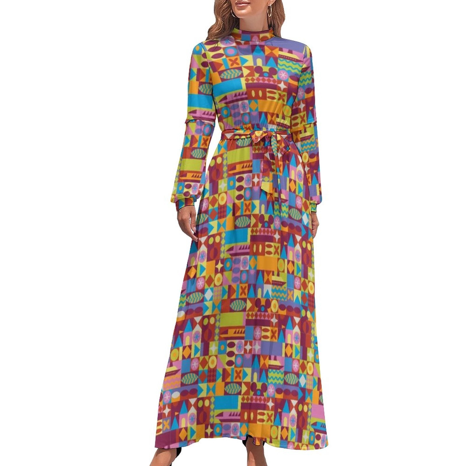 70S Modern Art Print Dress Retro Color Blocks Aesthetic Beach Dresses ...