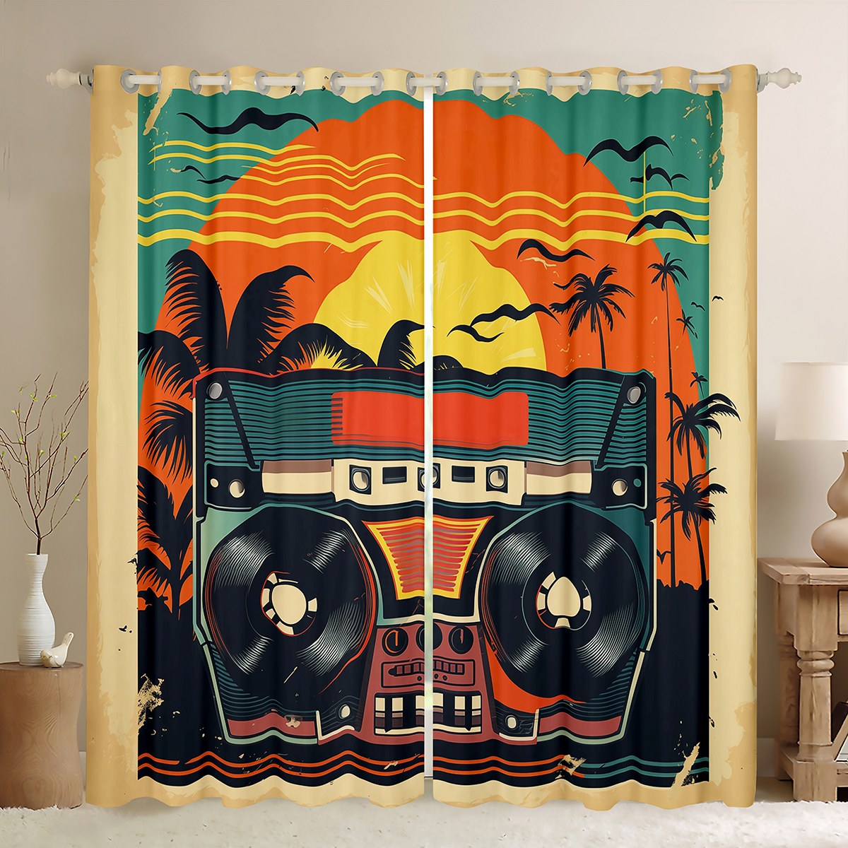 70S Party Curtains With Audio Cassette Music Playing Recorder, Vintage ...