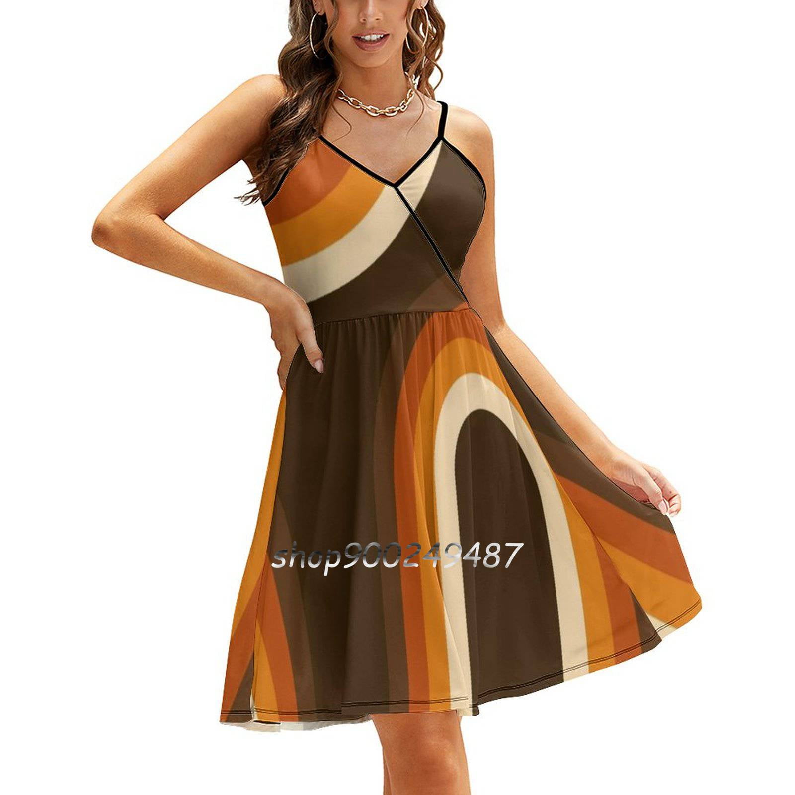 70S Pattern Orange And Brown Waves Sweetheart Knot Flared Dress Fashion ...