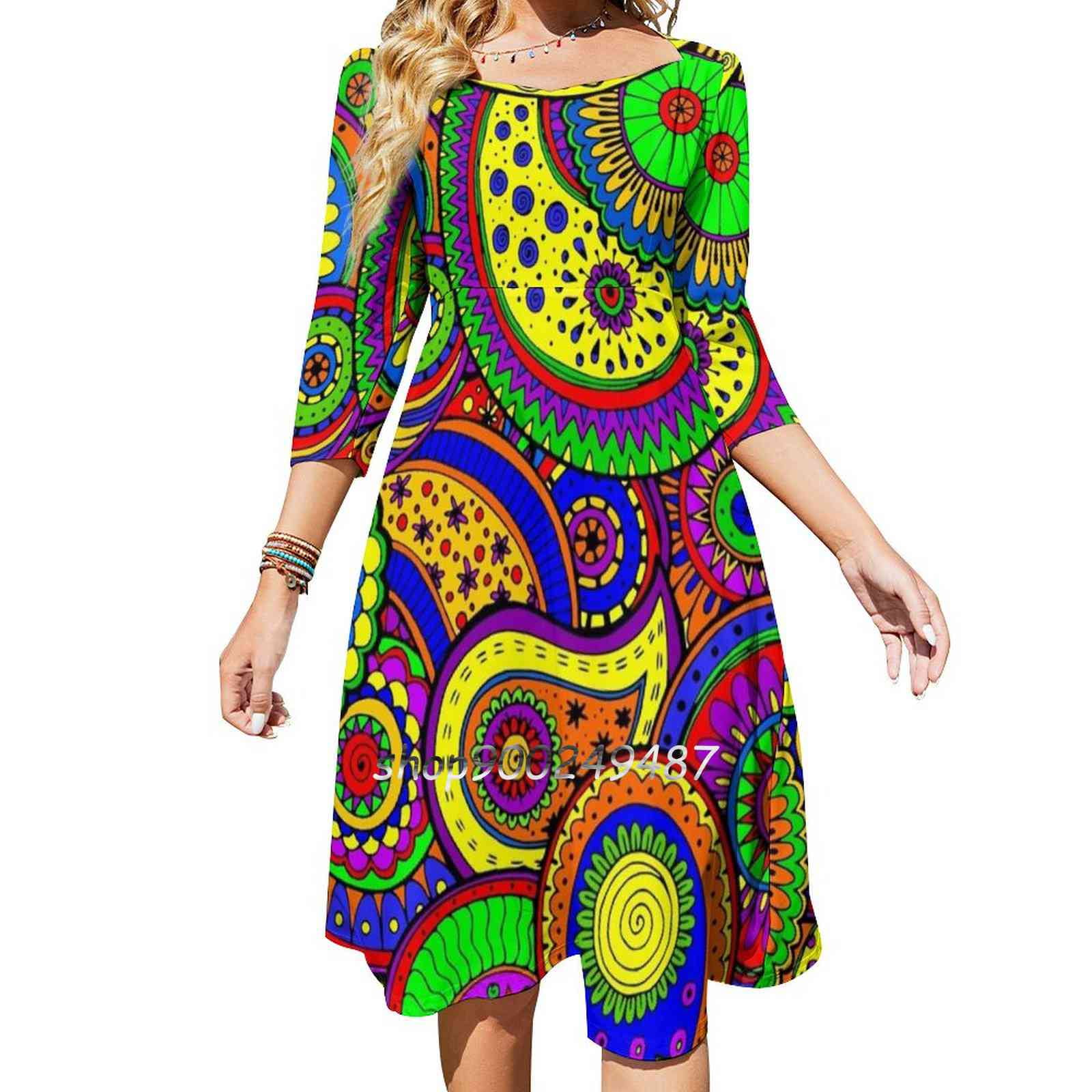 70S Pattern Orange And Brown Waves Sweetheart Knot Flared Dress Fashion ...