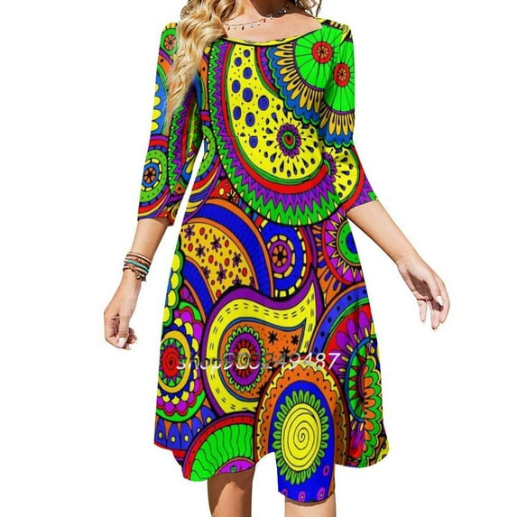 70S Pattern Orange And Brown Waves Sweetheart Knot Flared Dress Fashion ...