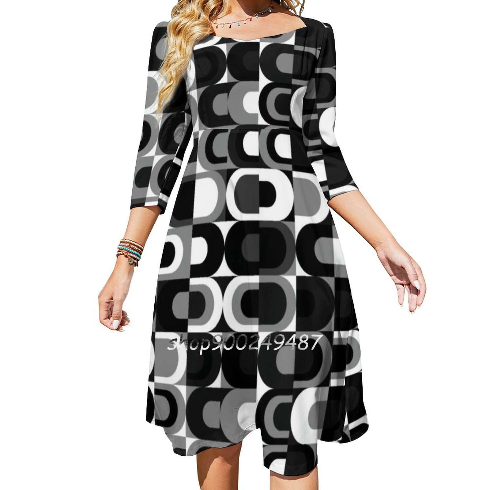 70S Pattern Retro Industrial Black And White Sweet Elegant Dress Women ...