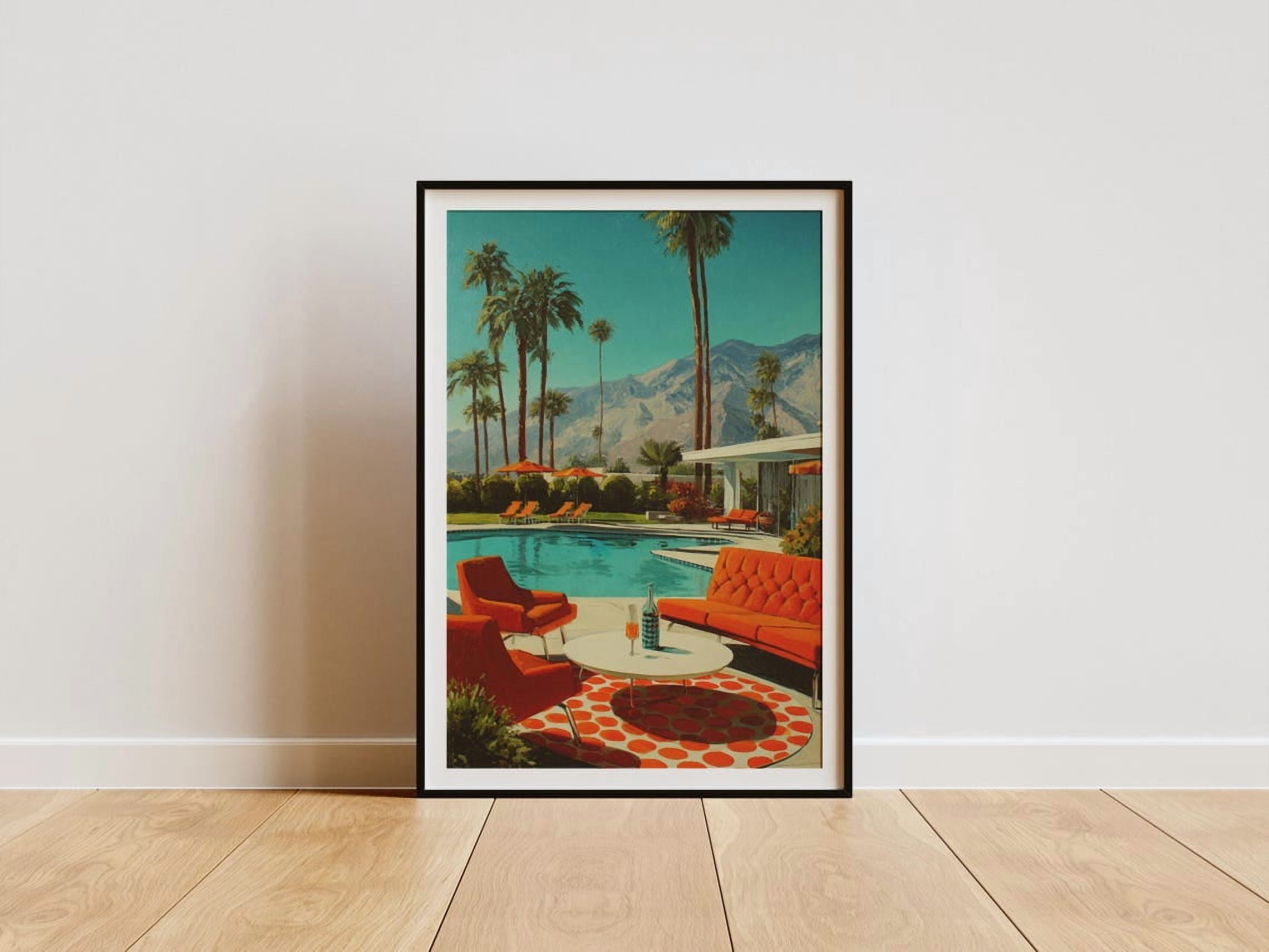 70S Poolside Lounge Print, Palm Springs Print With Mountains And Retro ...