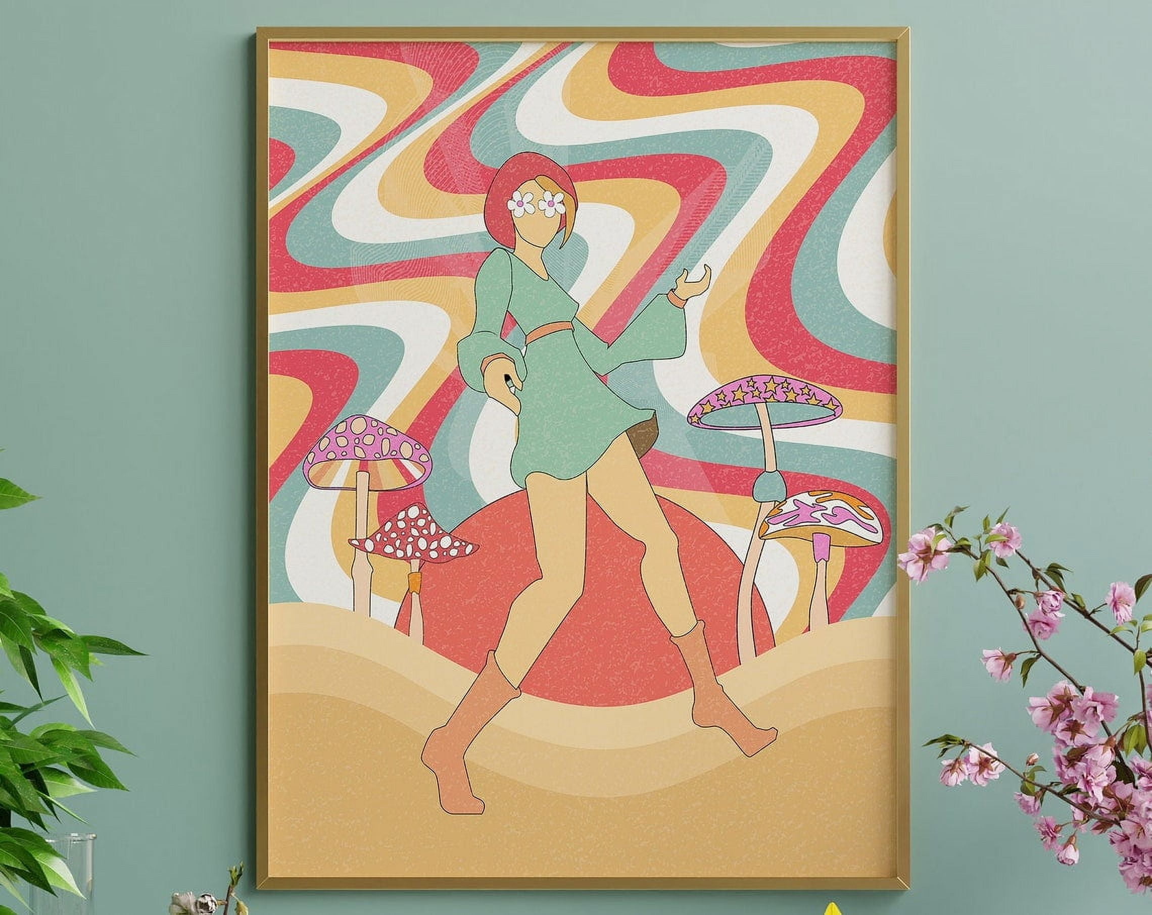 70S Psychedelic Print, Retro Aesthetic Poster, Flower Child Poster, Mushroom Poster, Hippie Girl ...