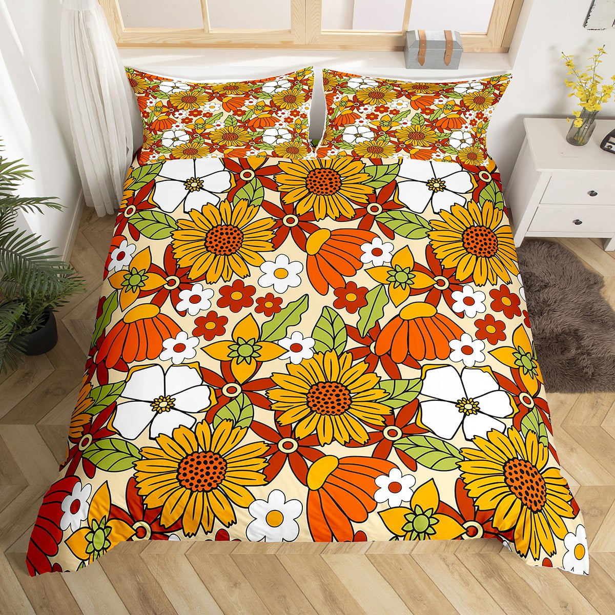 70S Retro Floral Comforter Cover Twin Vintage Groovy Flower Bedding Set ...
