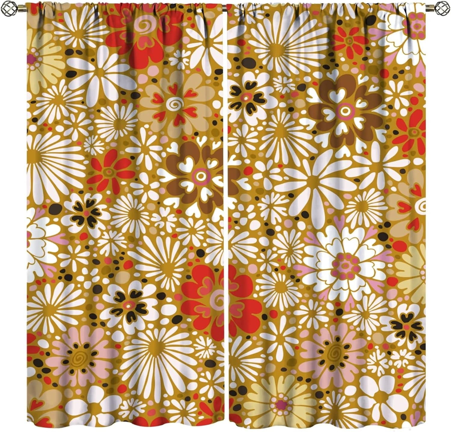 70s Retro Floral Curtains Colorful Flower Beautiful Vintage Pattern
